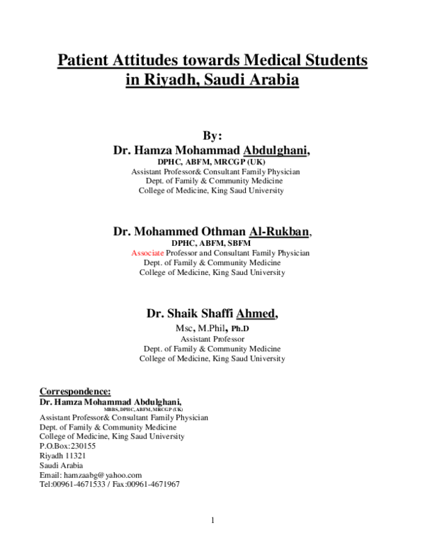 (PDF) Patient attitudes towards medical students in Riyadh, Saudi Arabia