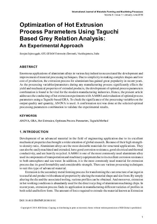 (PDF) Optimization of Hot Extrusion Process Parameters Using Taguchi Based Grey Relation Analysis