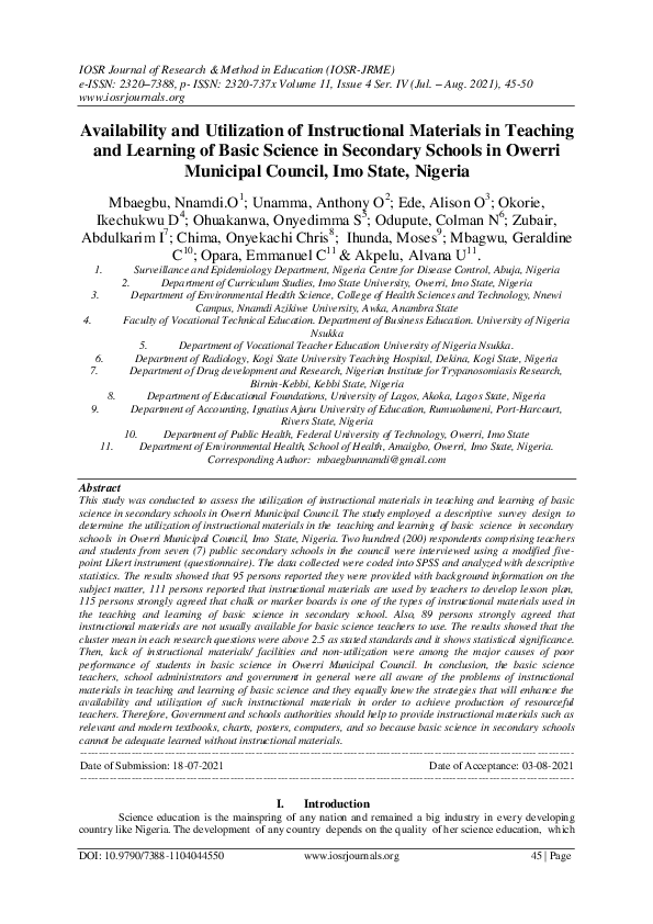 (PDF) Availability and Utilization of Instructional Materials in Teaching and Learning of Basic ...