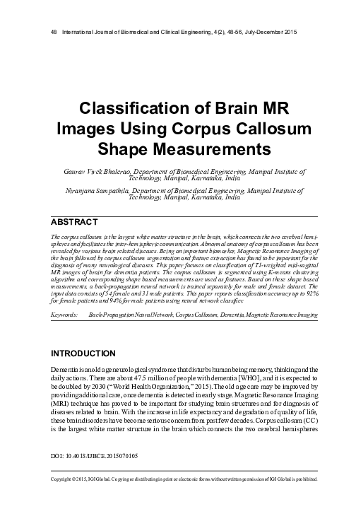 (PDF) Classification of Brain MR Images Using Corpus Callosum Shape ...