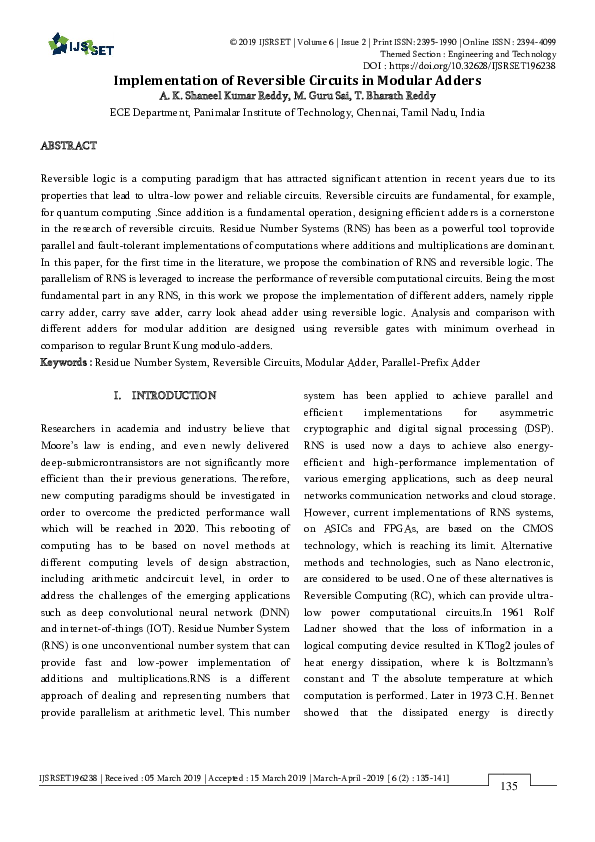 (PDF) Implementation of Reversible Circuits in Modular Adders