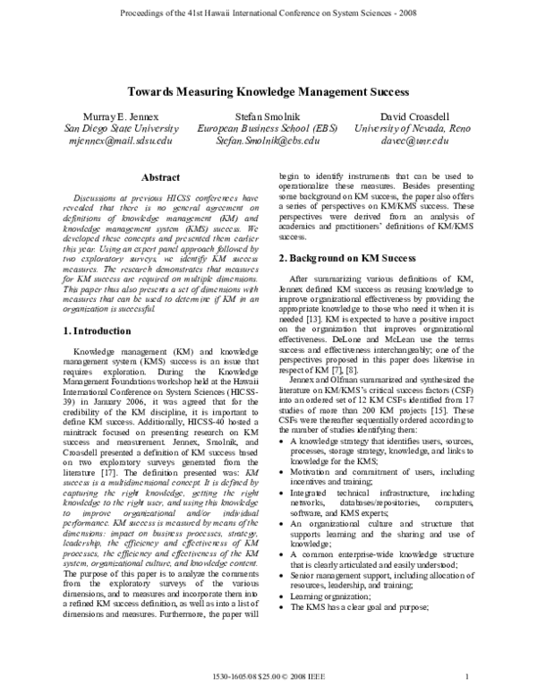 (PDF) Towards Measuring Knowledge Management Success