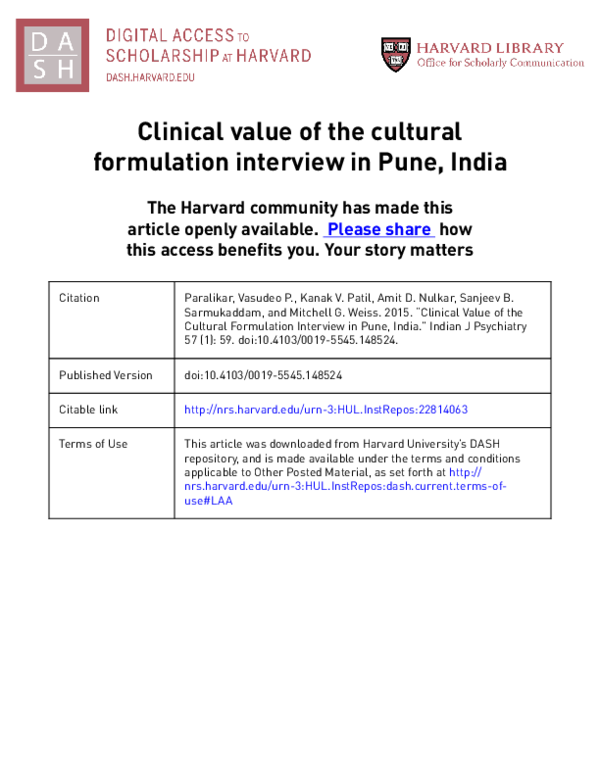 (PDF) Clinical value of the cultural formulation interview in Pune, India