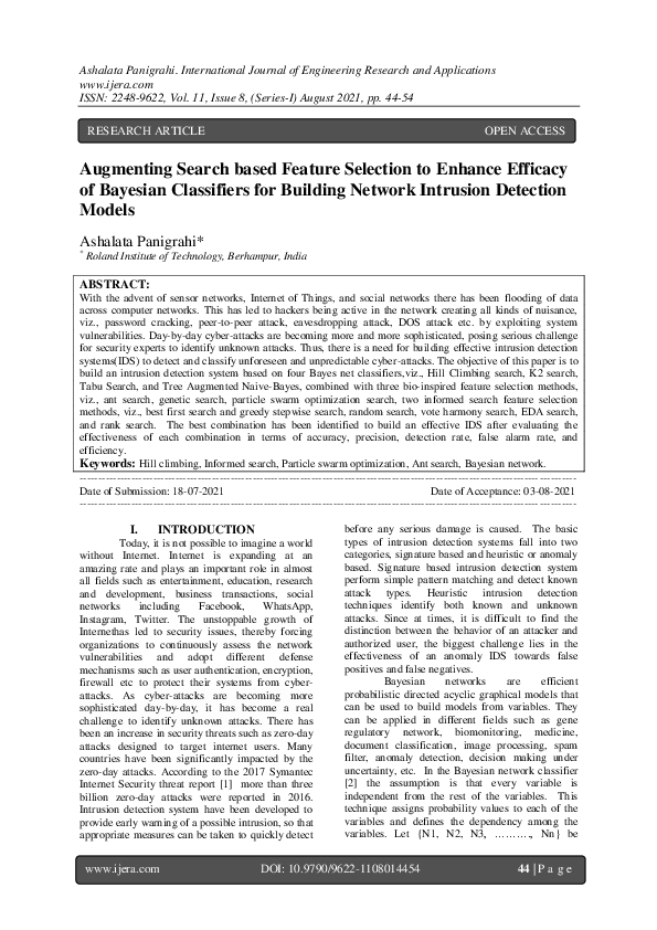 Pdf Augmenting Search Based Feature Selection To Enhance Efficacy Of Bayesian Classifiers For 