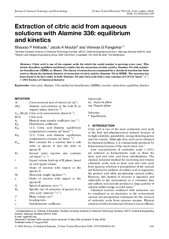(PDF) Extraction of citric acid from aqueous solutions with Alamine 336 ...