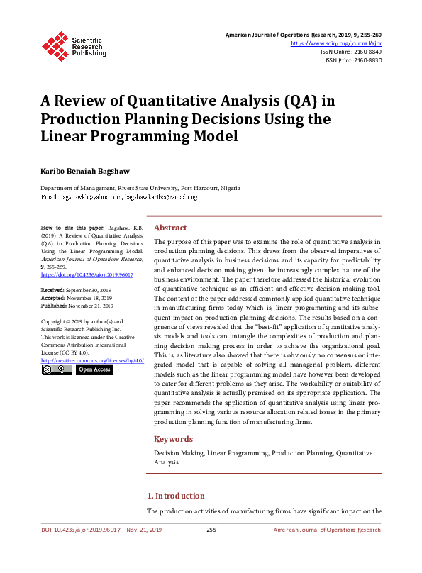 (PDF) A Review of Quantitative Analysis (QA) in Production Planning ...