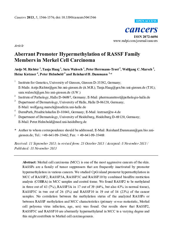 (PDF) Aberrant Promoter Hypermethylation of RASSF Family Members in ...