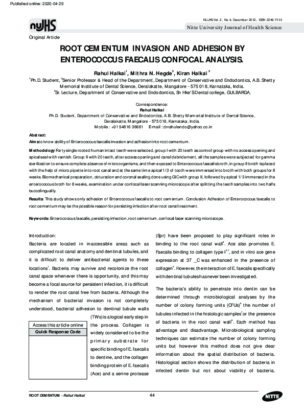 (PDF) Root Cementum Invasion and Adhesion by Enterococcus Faecalis ...