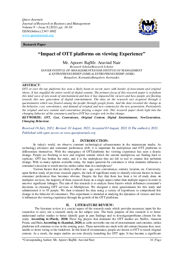 (PDF) "Impact of OTT platforms on viewing Experience"