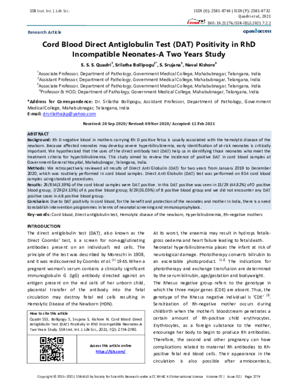(PDF) Cord Blood Direct Antiglobulin Test (DAT) Positivity in RhD ...