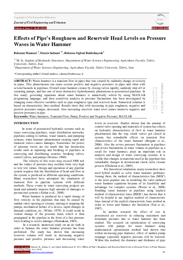(PDF) Effects of Pipe's Roughness and Reservoir Head Levels on Pressure ...