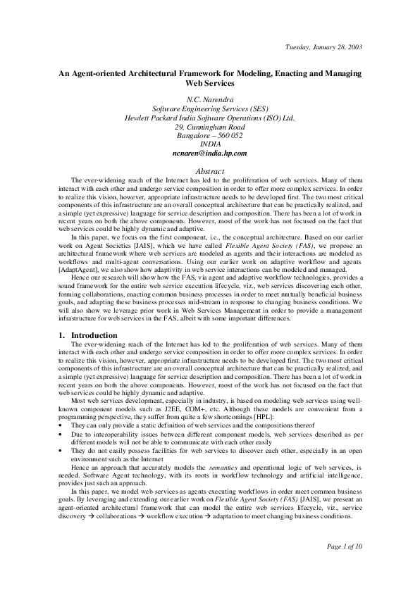 Pdf An Agent Oriented Architectural Framework For Modeling Enacting