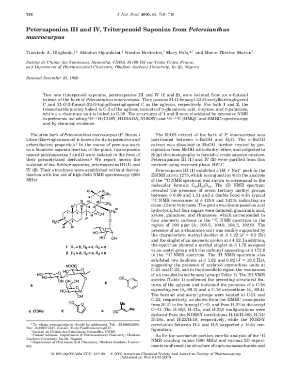 (PDF) Petersaponins III and IV, Triterpenoid Saponins from ...