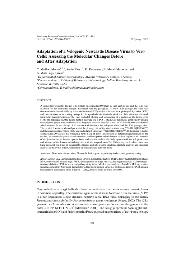 (PDF) Adaptation of a Velogenic Newcastle Disease Virus to Vero Cells ...