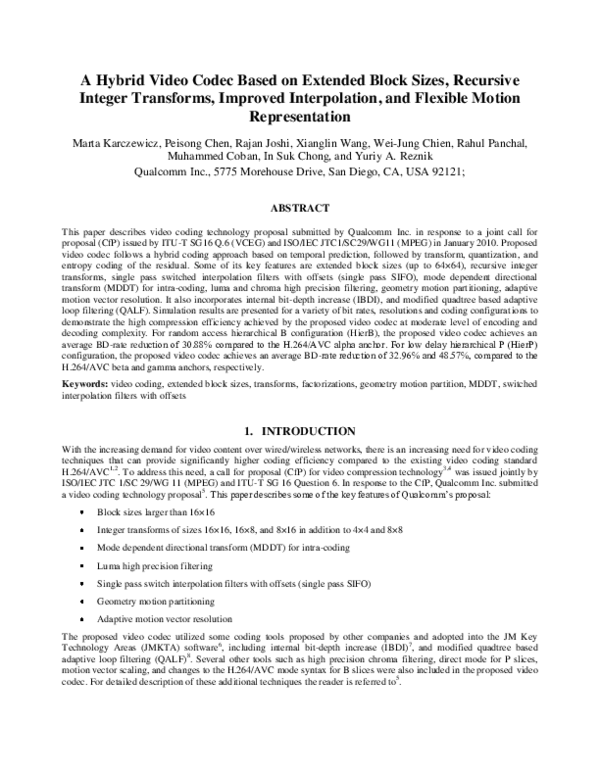 Pdf A Hybrid Video Codec Based On Extended Block Sizes Recursive Integer Transforms Improved