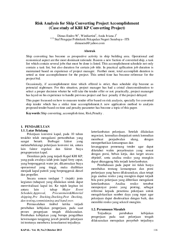 (PDF) RISK ANALYSIS FOR SHIP CONVERTING PROJECT ACCOMPLISHMENT (Case study of KRI KP Converting ...