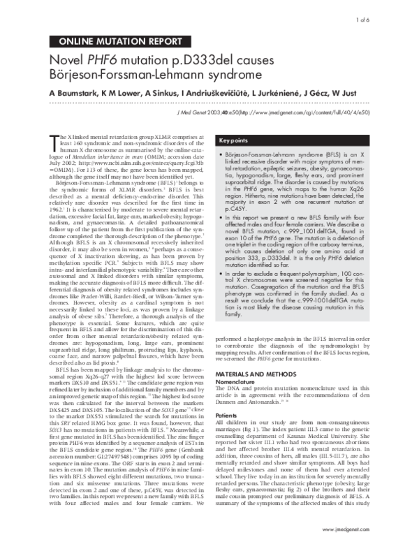 (PDF) Novel PHF6 mutation p.D333del causes Borjeson-Forssman-Lehmann ...