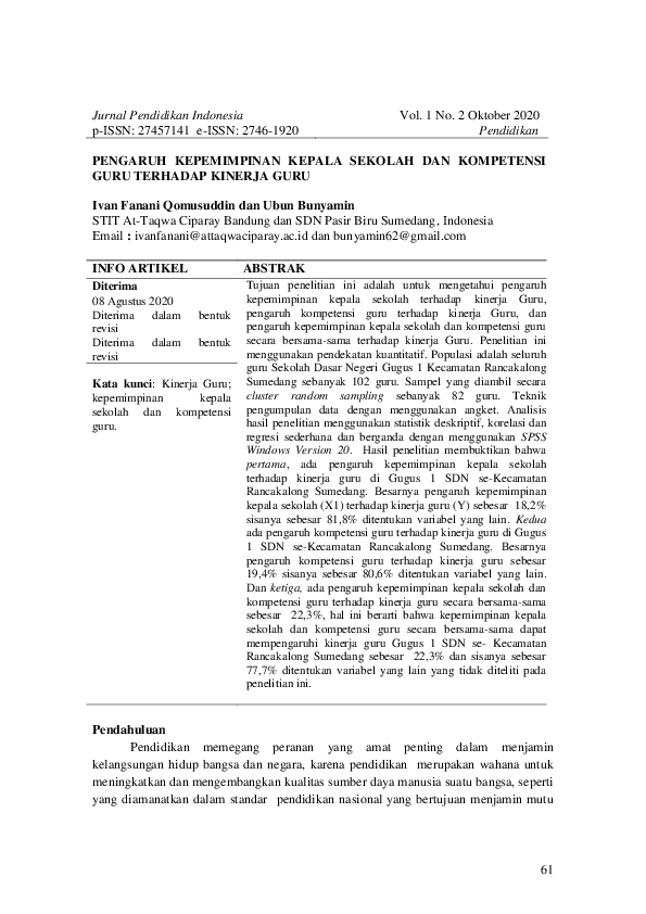 (PDF) Pengaruh Kepemimpinan Kepala Sekolah dan Kompetensi Guru Terhadap Kinerja Guru