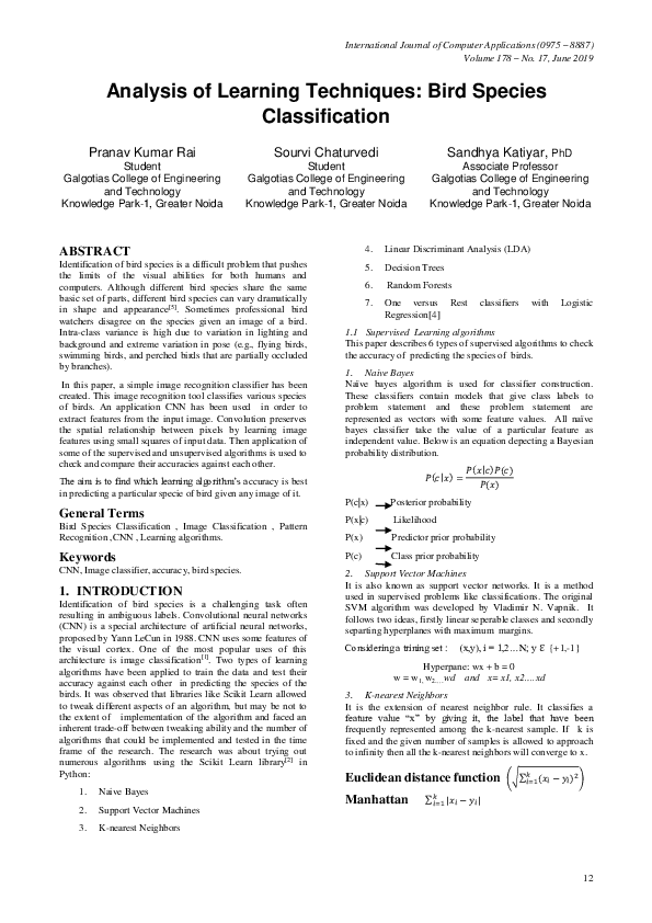 (PDF) Analysis of Learning Techniques: Bird Species Classification