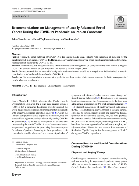 (PDF) Recommendations on Management of Locally Advanced Rectal Cancer During the COVID-19 ...