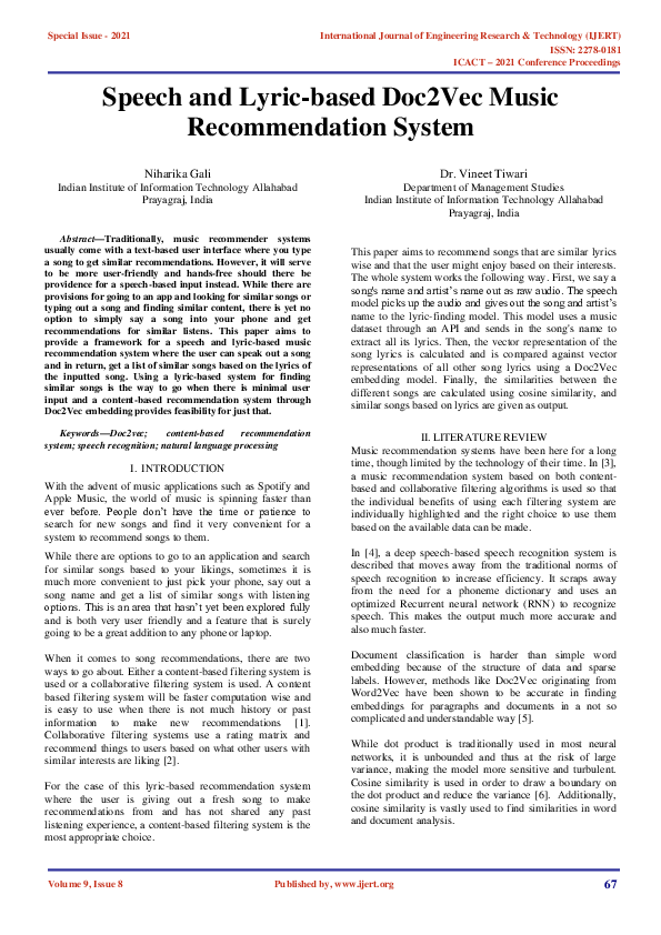 (PDF) IJERT-Speech and Lyric-based Doc2Vec Music Recommendation System