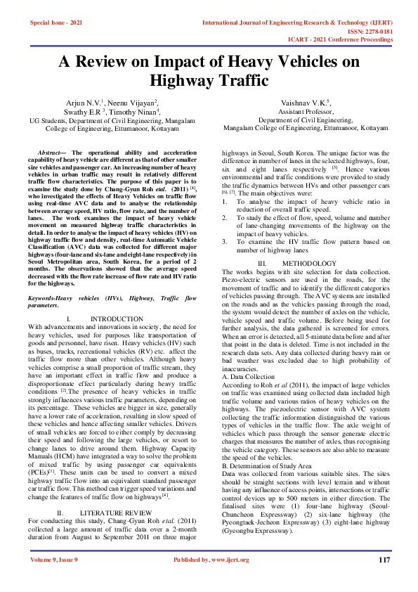 Pdf Ijert A Review On Impact Of Heavy Vehicles On Highway Traffic