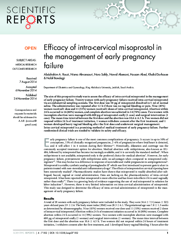 (PDF) Efficacy of intra-cervical misoprostol in the management of early ...