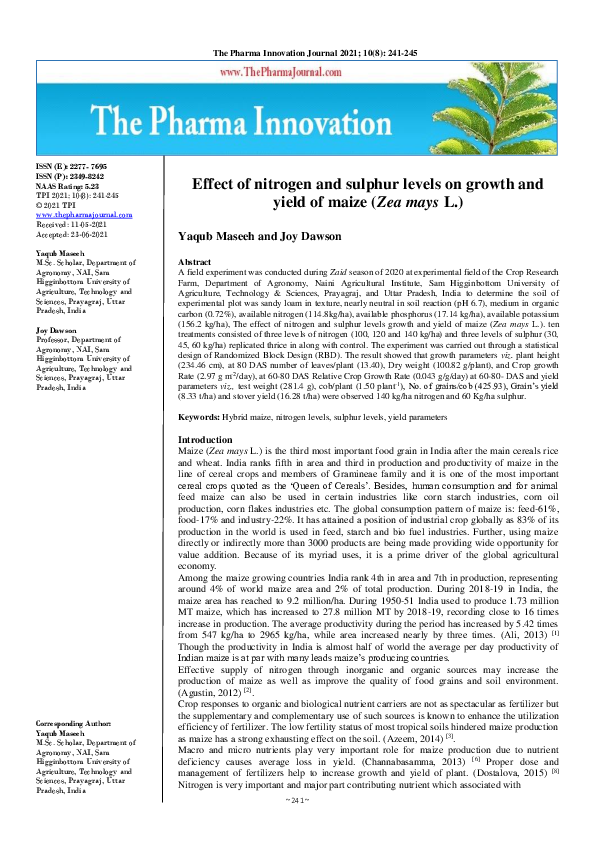 Pdf Effect Of Nitrogen And Sulphur Levels On Growth And Yield Of