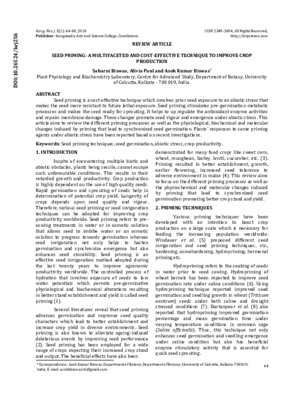(PDF) Seed Priming: A Multifaceted and Cost-Effective Technique to Improve Crop Production
