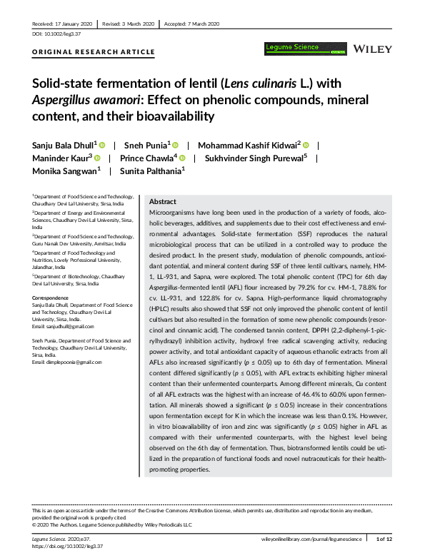 (PDF) Solid-state fermentation of lentil (Lens culinaris L.) with Aspergillus awamori : Effect ...