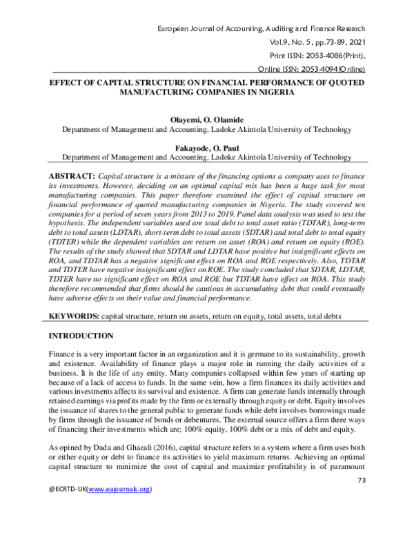 (PDF) EFFECT OF CAPITAL STRUCTURE ON FINANCIAL PERFORMANCE OF QUOTED MANUFACTURING COMPANIES IN ...