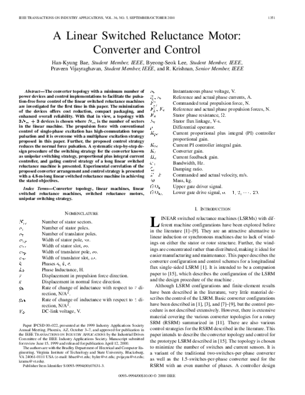 (PDF) A linear switched reluctance motor: converter and control