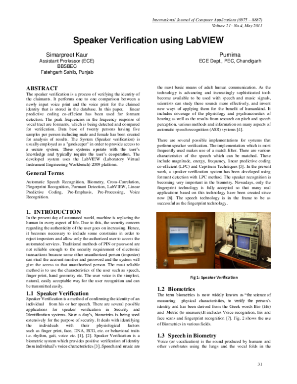 (PDF) Speaker Verification using LabVIEW