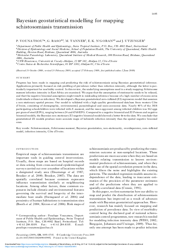 (PDF) Bayesian geostatistical modelling for mapping schistosomiasis transmission | Eliézer N ...