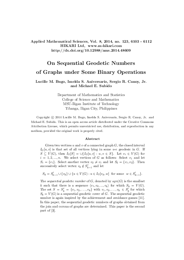 (PDF) On sequential geodetic numbers of graphs under some binary operations | michael subido ...