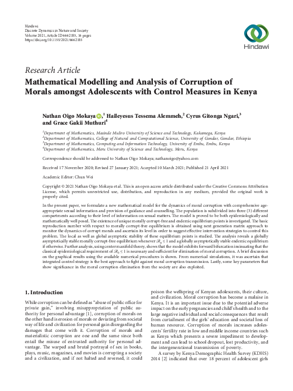 (PDF) Mathematical Modelling and Analysis of Corruption of Morals ...