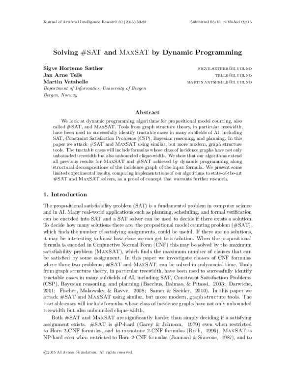 (PDF) Solving #SAT and MAXSAT by Dynamic Programming