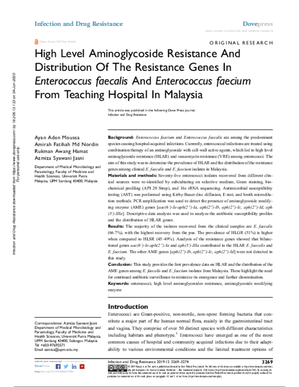 (PDF) High Level Aminoglycoside Resistance And Distribution Of The ...