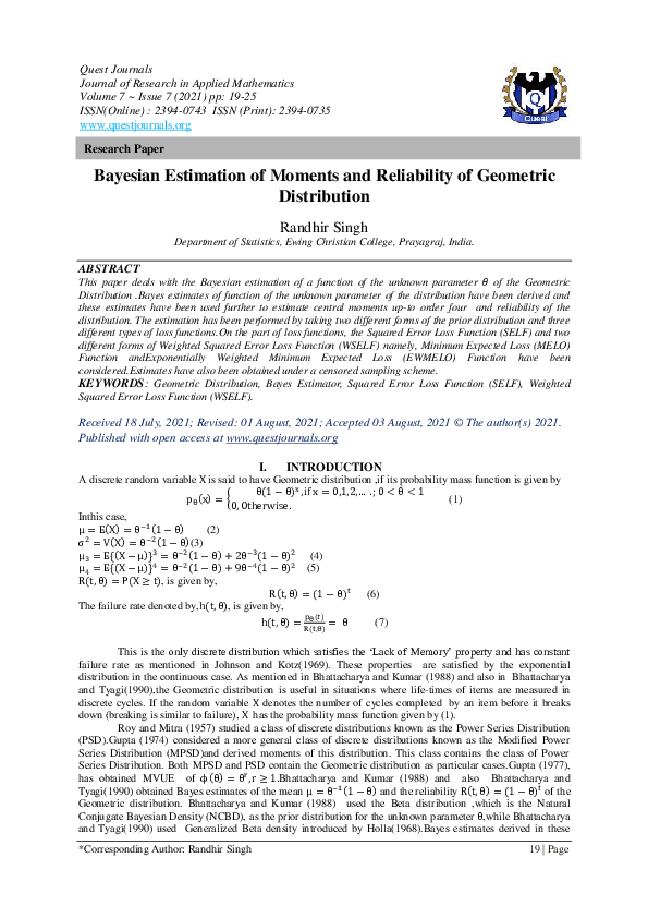(PDF) Bayesian Estimation of Moments and Reliability of Geometric Distribution