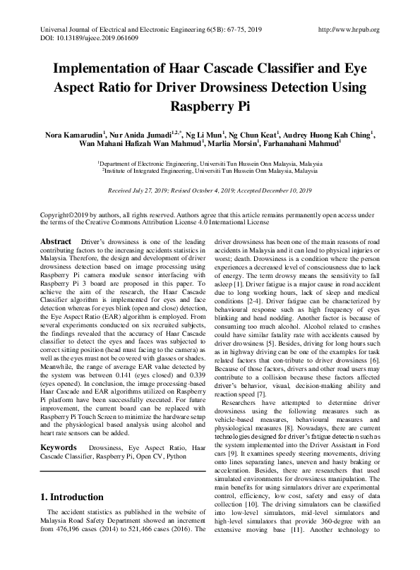 Pdf Implementation Of Haar Cascade Classifier And Eye Aspect Ratio For Driver Drowsiness