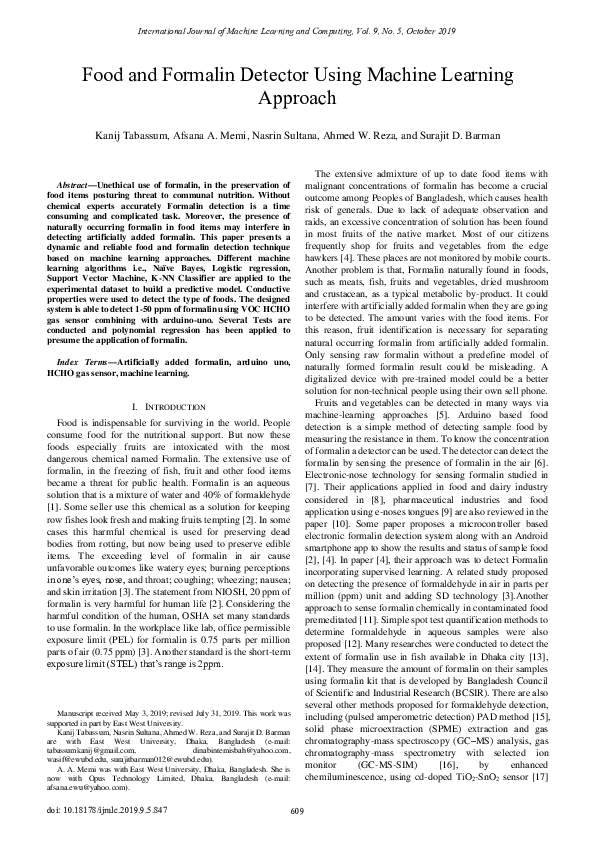 (PDF) Food and Formalin Detector Using Machine Learning Approach