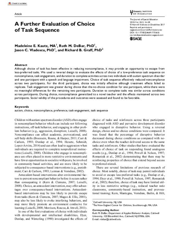 (PDF) A Further Evaluation of Choice of Task Sequence