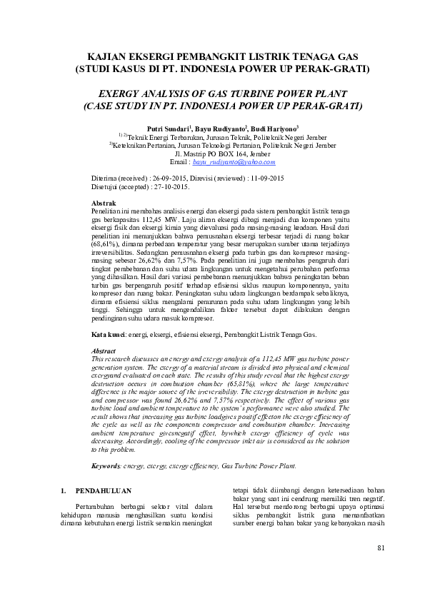 (PDF) Kajian Eksergi Pembangkit Listrik Tenaga Gas (Studi Kasus di PT ...