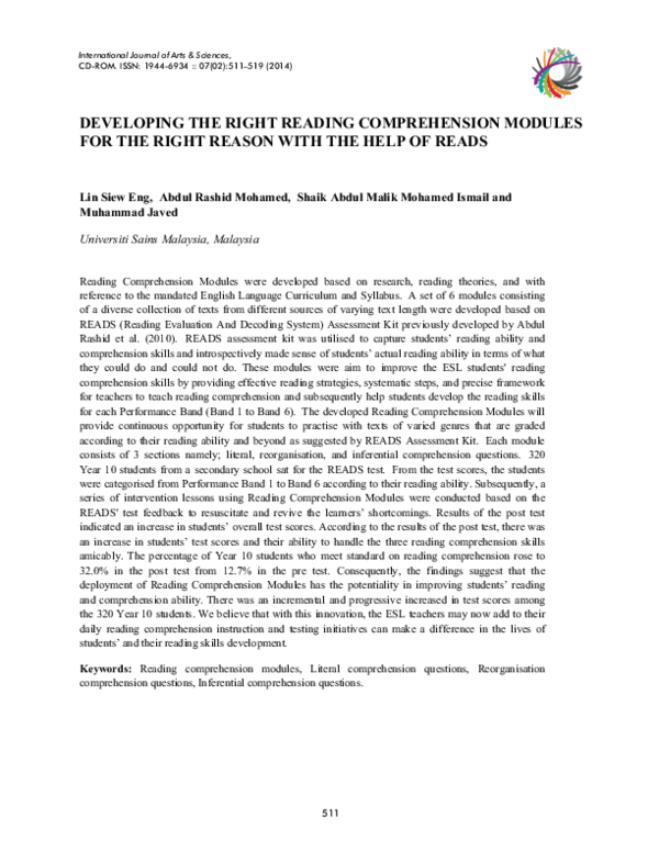 (PDF) Developing the Right Reading Comprehension Modules for the Right ...