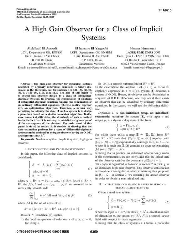 (PDF) High gain observer for a class of implicit systems