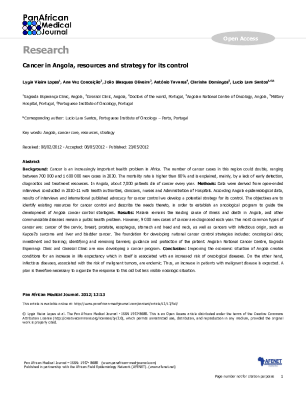 (PDF) Cancer in Angola, resources and strategy for its control