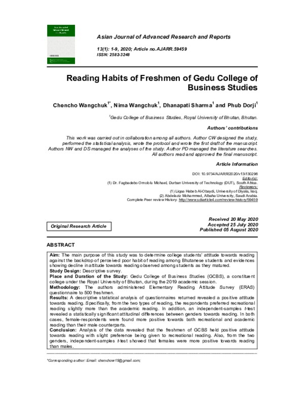 (PDF) Reading Habits of Freshmen of Gedu College of Business Studies