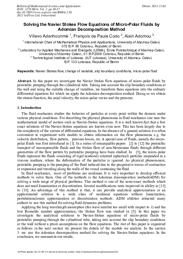 Pdf Solving The Navier Stokes Flow Equations Of Micro Polar Fluids By Adomian Decomposition Method