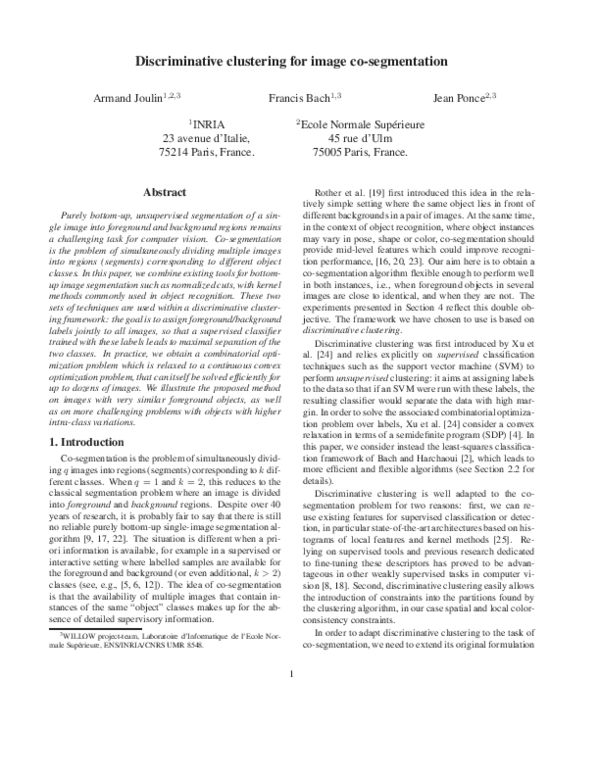 (PDF) Discriminative clustering for image co-segmentation