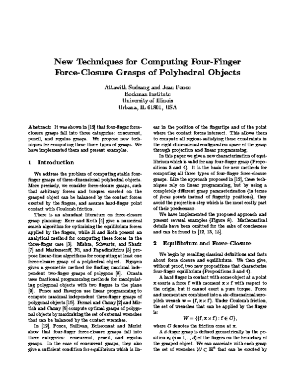 (PDF) New Techniques for Computing Four-Finger Force-Closure Grasps of ...